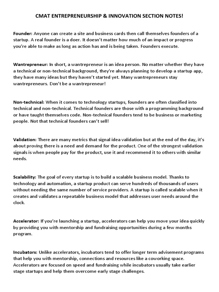 CMAT ENTREPRENEURSHIP Notes | PDF | Startup Company | Small Business ...