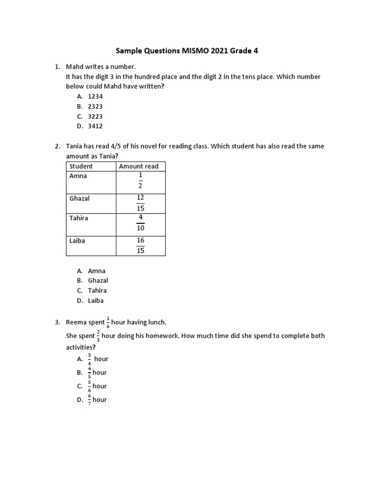Sample Questions MISMO 2021 Grade 4 | Download Free PDF | Triangle ...
