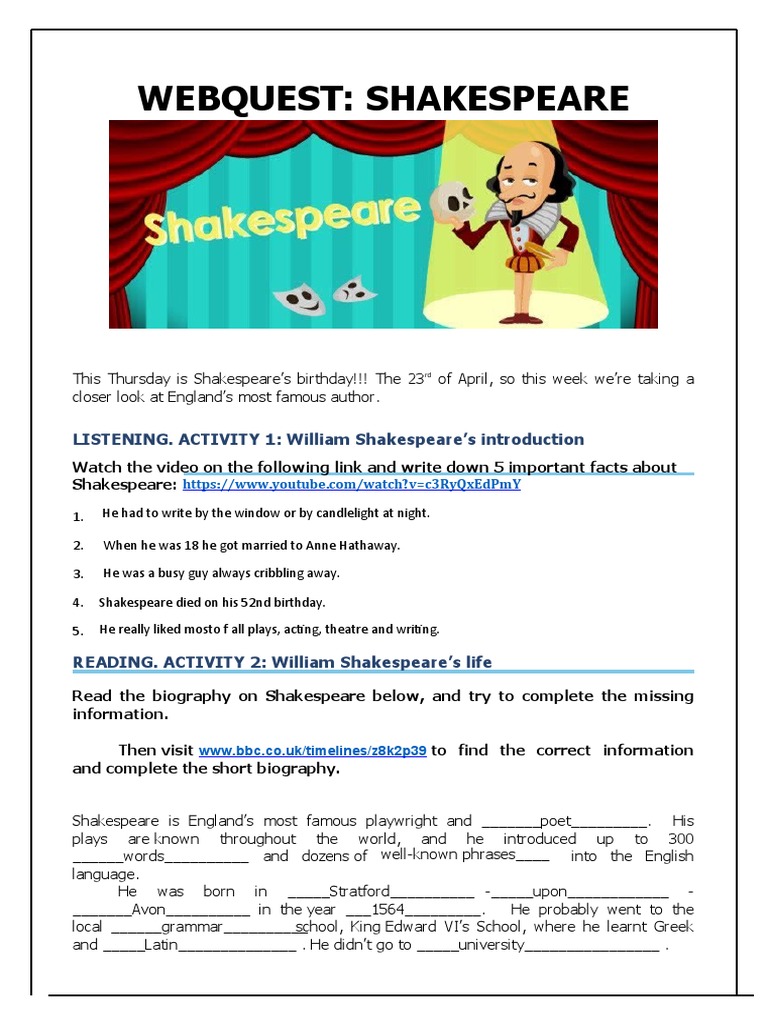 Webquest: Shakespeare: LISTENING. ACTIVITY 1: William Shakespeare's ...