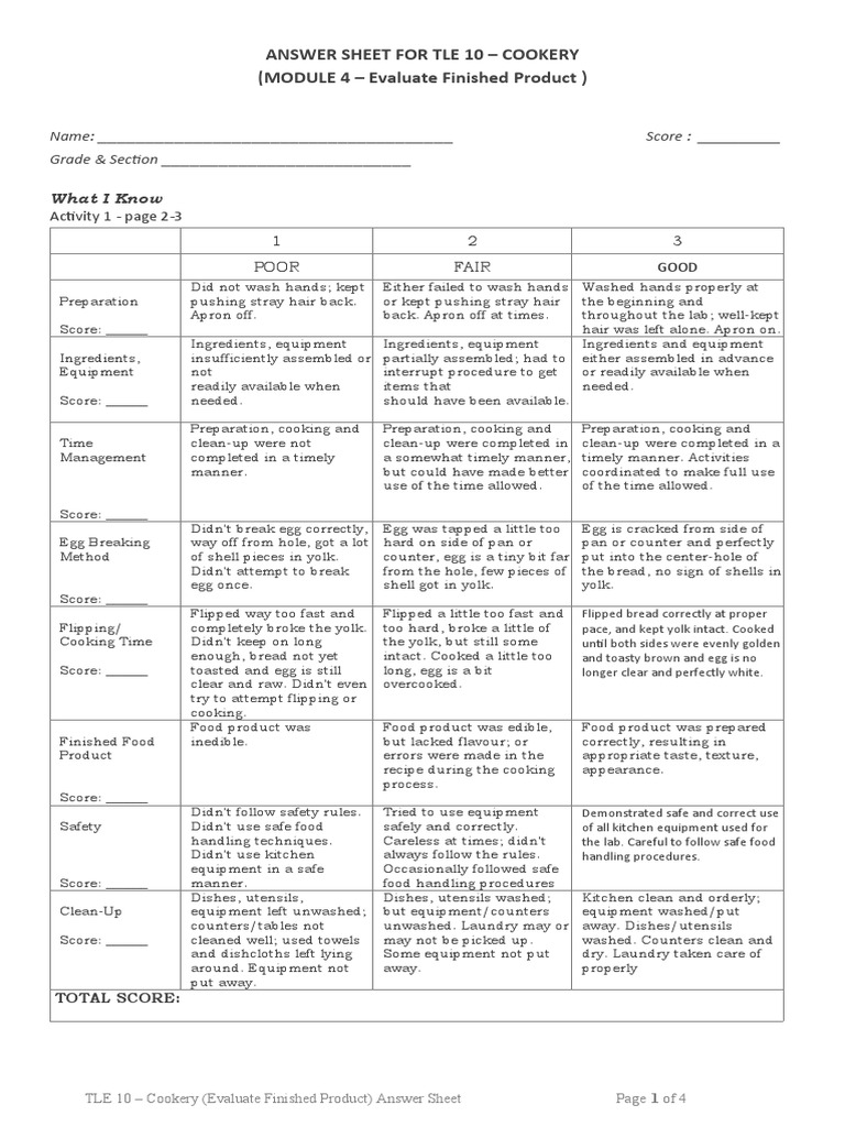TLE 10 Cookery Answer Key | PDF | Egg As Food | Cooking