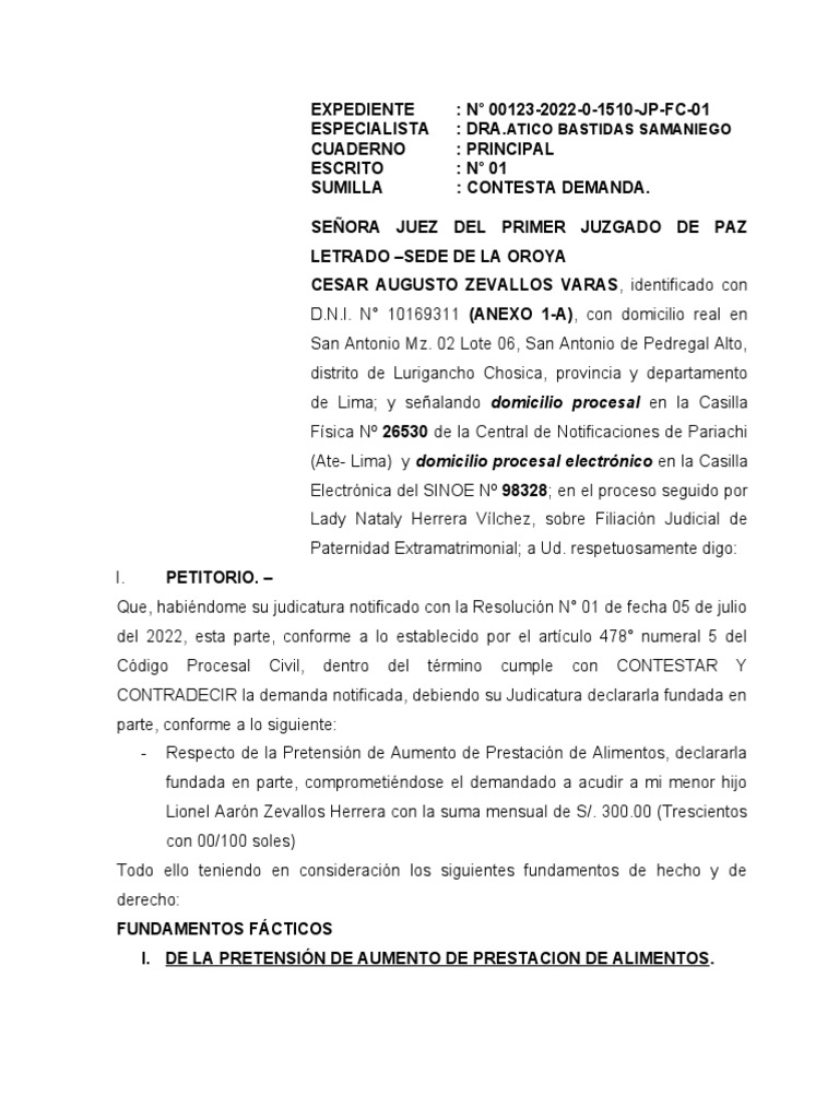 Contestacion de Demanda Aumento de Alimentos Cesar Zevallos | PDF ...
