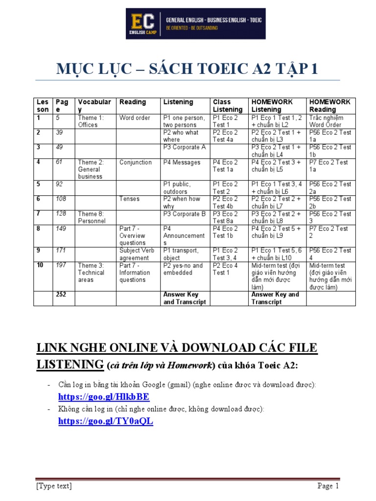 Toeic A2 Tap 1 Unit 1-3 | PDF