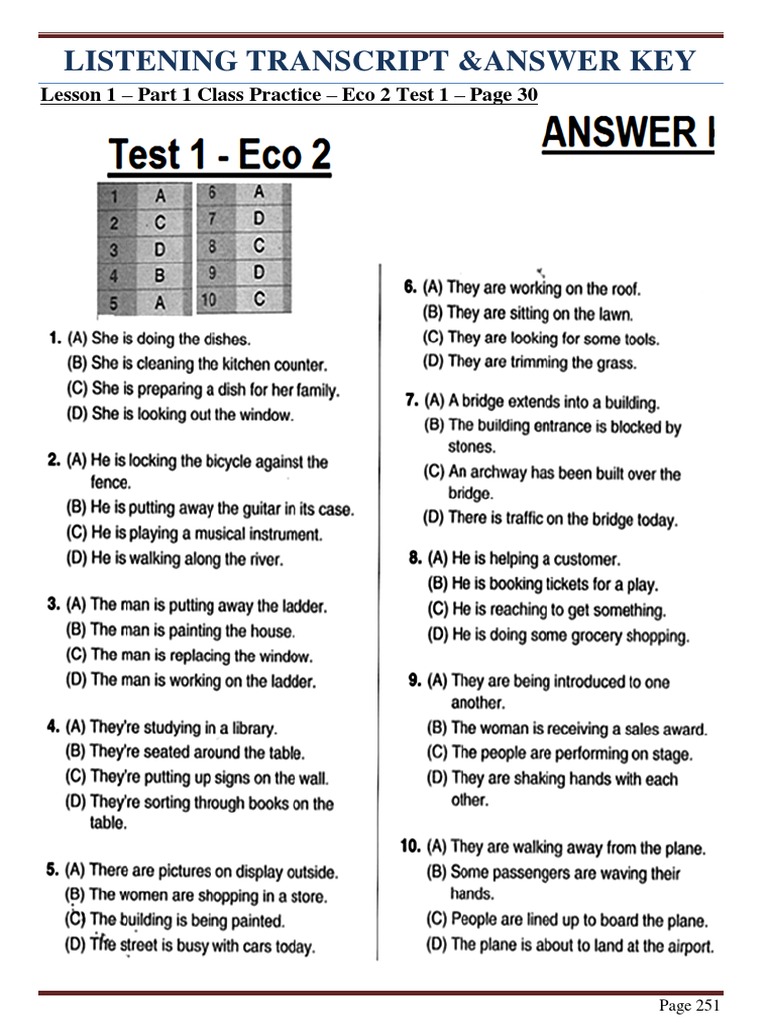 Toeic A2 Tap 1 Answer Key, Transcript | PDF