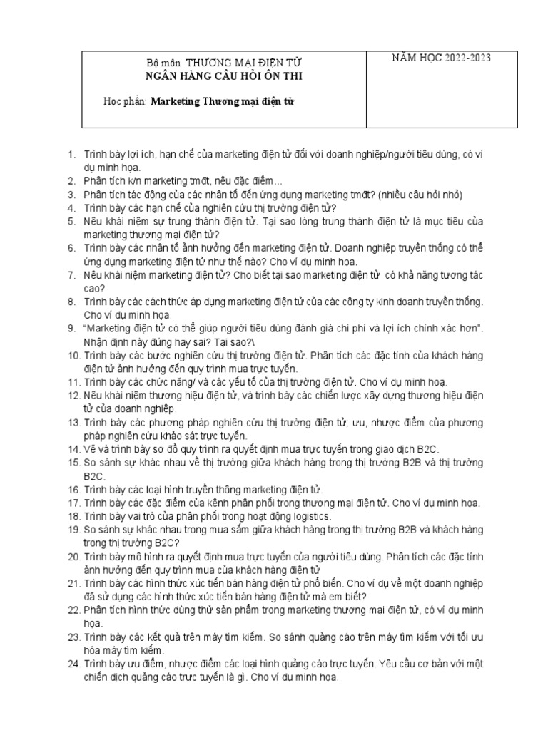 FILE - 20221113 - 110903 - Ngân Hàng Câu Hỏi Ôn Thi HP Marketing TMĐT - 2022 | PDF