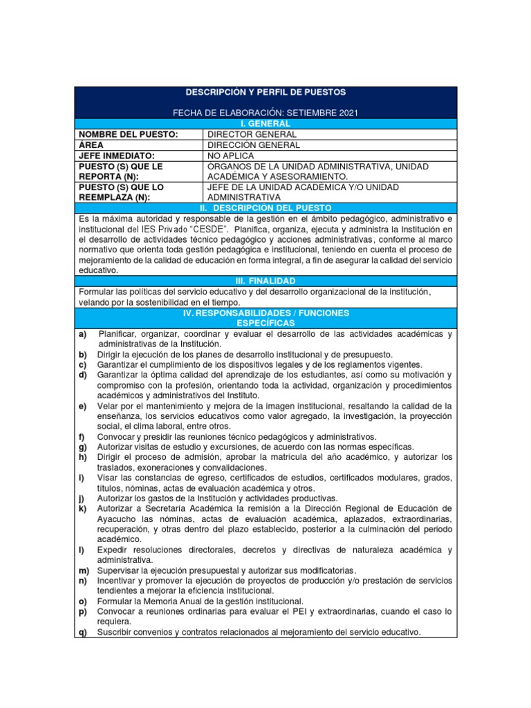 Descripción y Perfil de Puestos | PDF | Licenciatura | Pedagogía