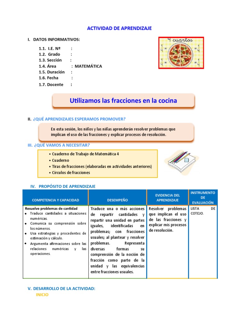 Actividad de Matemáticas: Fracciones en Cocina | PDF | Evaluación ...