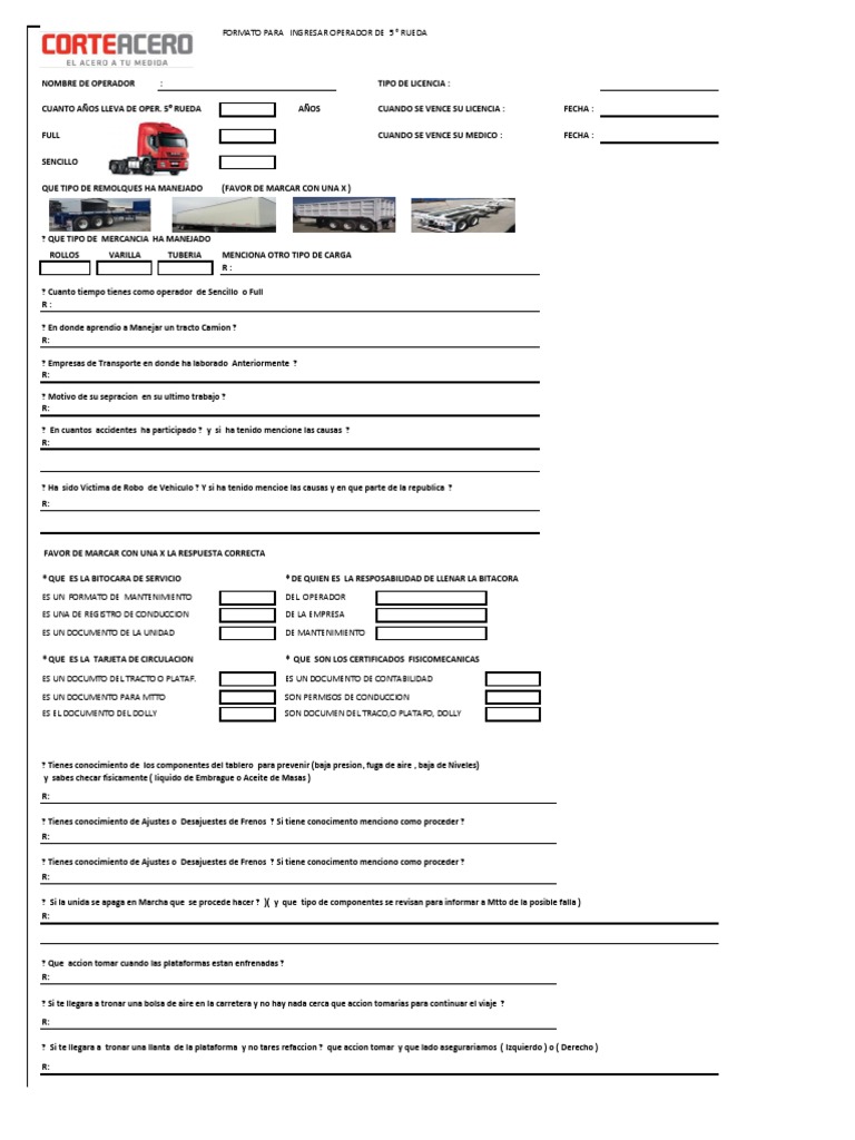 Formato de entrevista para operador de quinta rueda | PDF | Vehículos ...