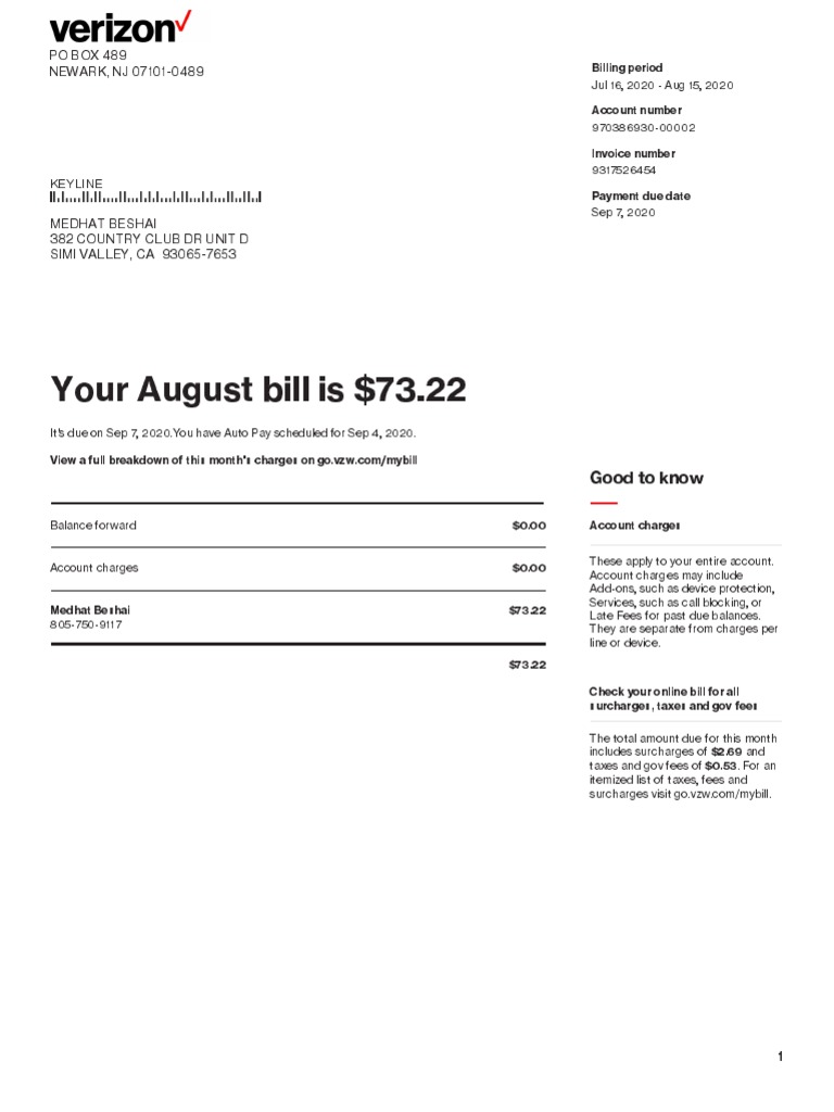 Verizon Bill August 15 2020 | PDF | Fee | Credit Card