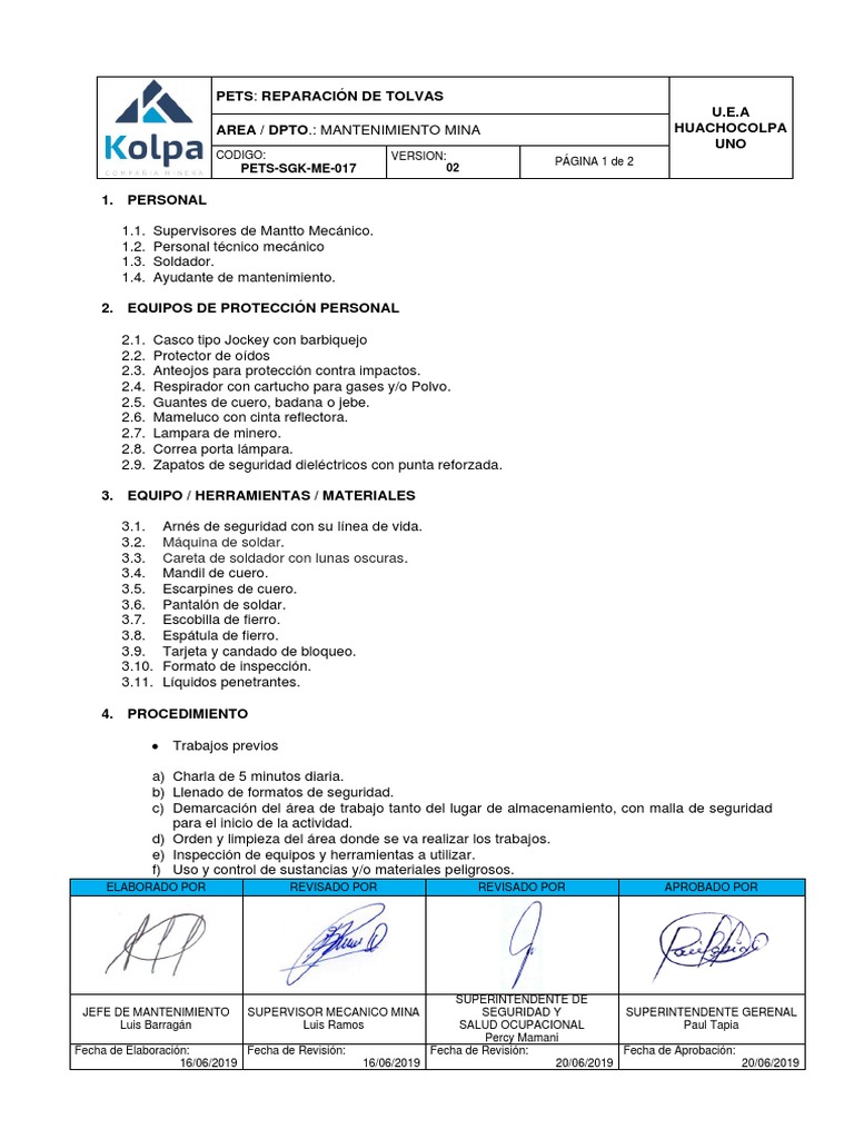 PETS-SGK-ME-017 Reparación de Tolvas | PDF