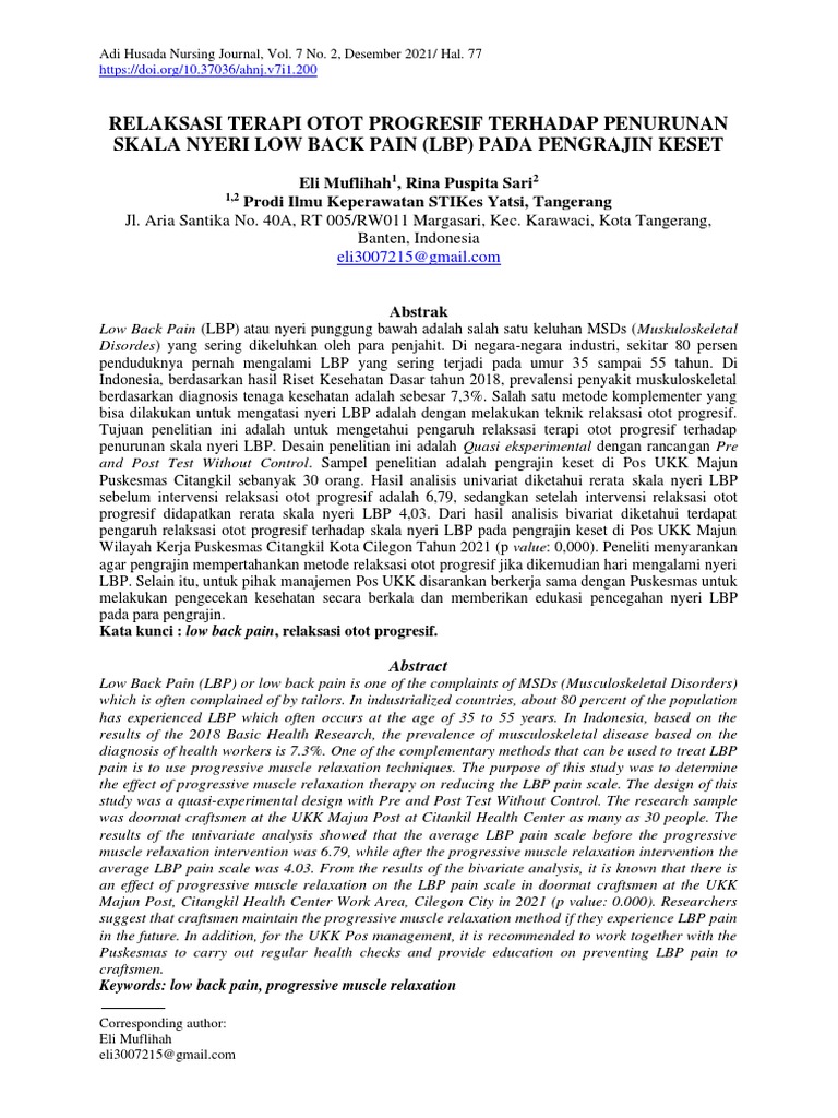 Relaksasi Terapi Otot Progresif Terhadap Penurunan Skala Nyeri Low Back ...
