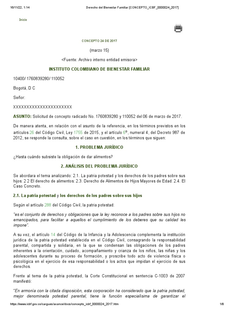 Derecho Del Bienestar Familiar (CONCEPTO - ICBF - 0000024 - 2017) | PDF ...