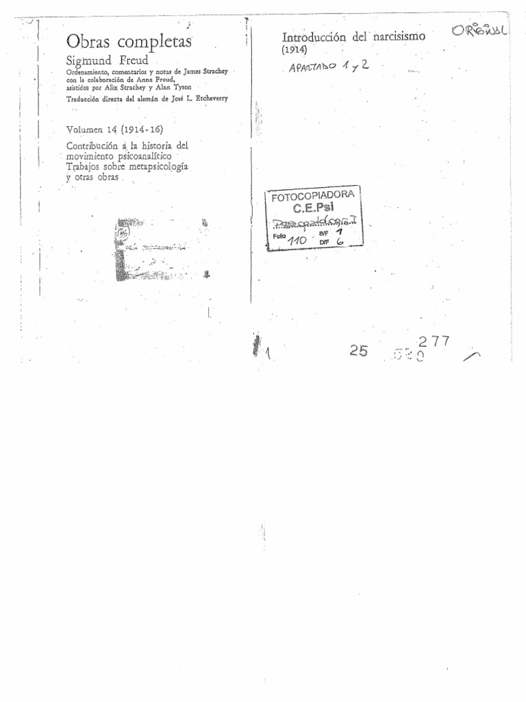 FREUD 1914 Introducción Del Narcisismo Apartado I y II | PDF FREUD 1914 Introducción Del Narcisismo Apartado I y II | PDF