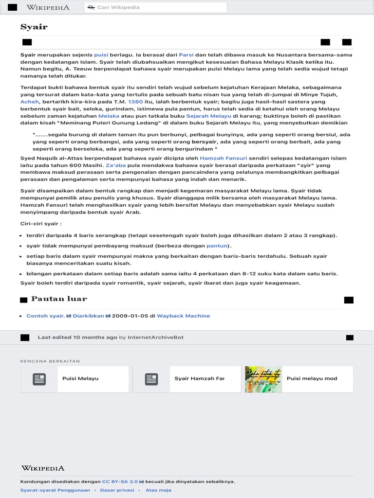 Syair - Wikipedia Bahasa Melayu, Ensiklopedia Beb 2 | PDF