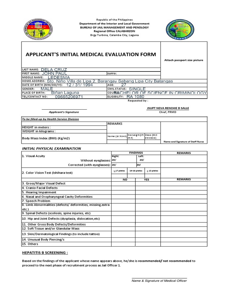 Applicant's Initial Medical Evaluation Form | PDF | Body Mass Index ...