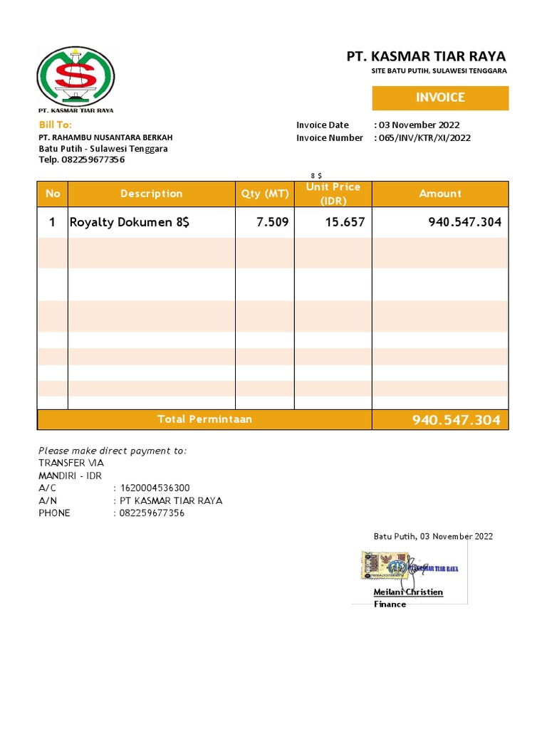 Pt. Kasmar Tiar Raya: 1 7.509 940.547.304 Royalty Dokumen 8$ 15.657 | PDF