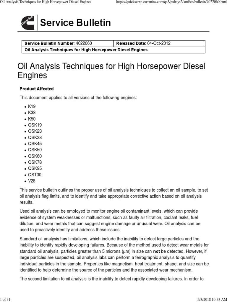 Oil Analysis Techniques For High Horsepower Diesel Engines | PDF | Motor Oil | Bearing (Mechanical)