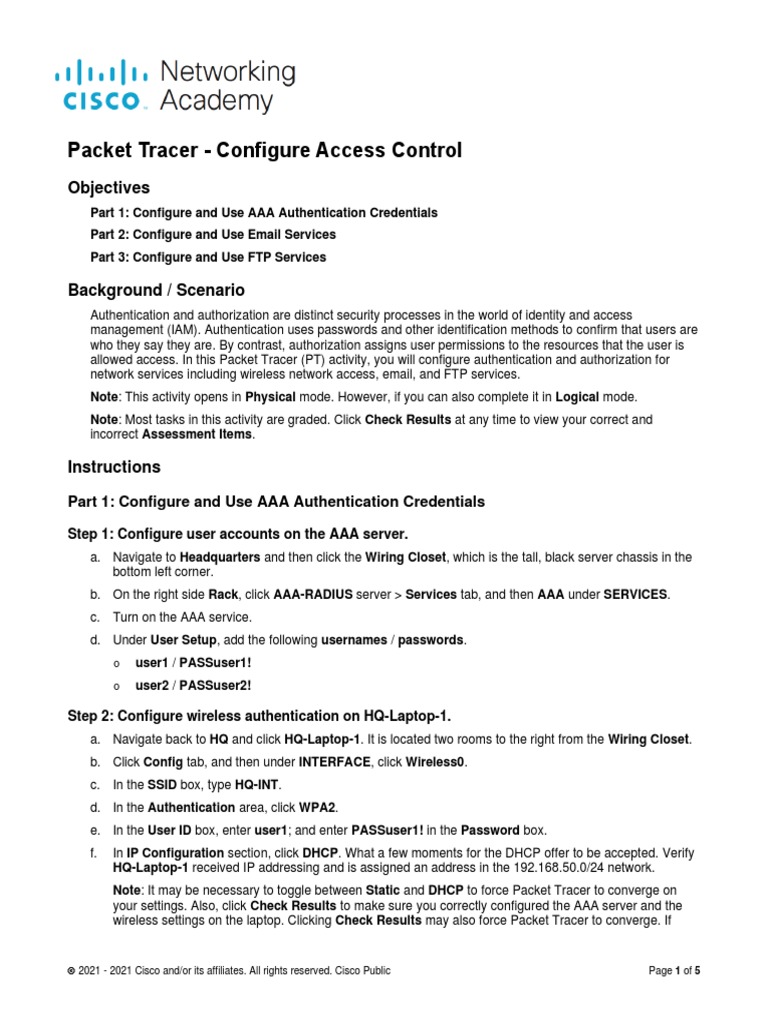 Packet Tracer Configure Access Control Answer Key | PDF | File Transfer Protocol | Radius