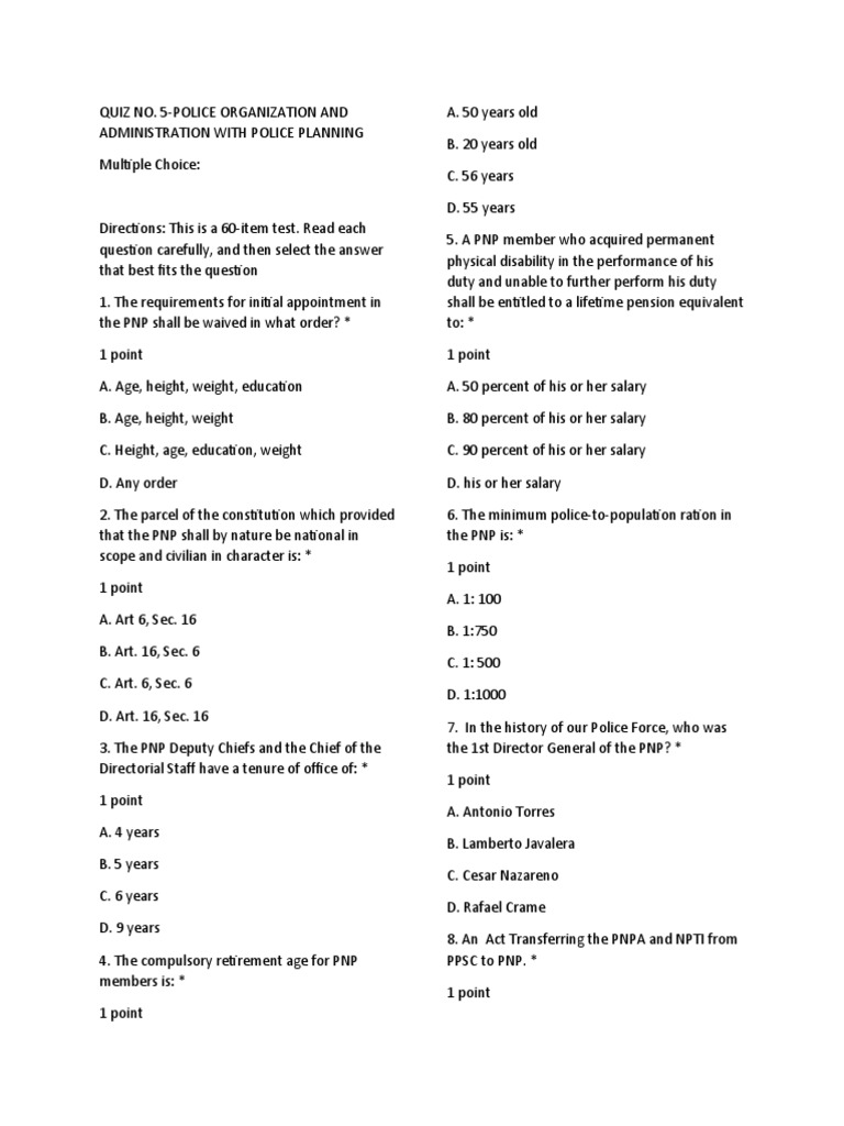 Police Admin & Planning Quiz | PDF | Police | Crimes