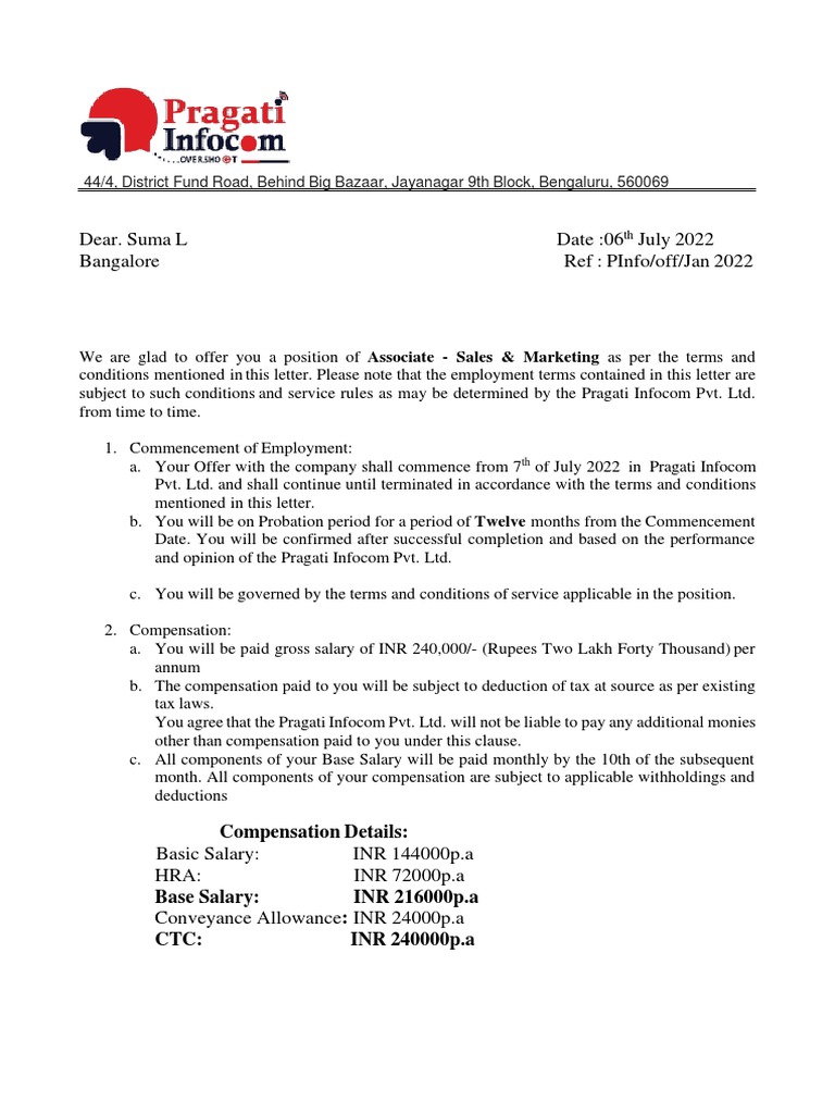 Pragati Infocom-Offer+appointment Letter Suma L | PDF | Patent | Probation