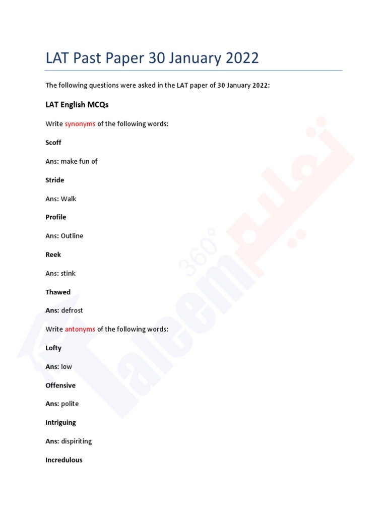 LAT Past Paper 30 January 2022 | PDF | Google Play | Pakistan