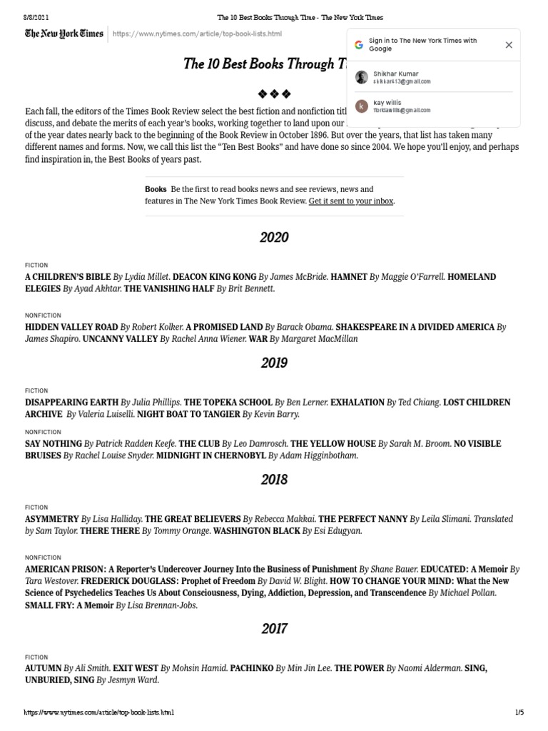 The 10 Best Books Through Time - The New York Times | PDF | Writers ...