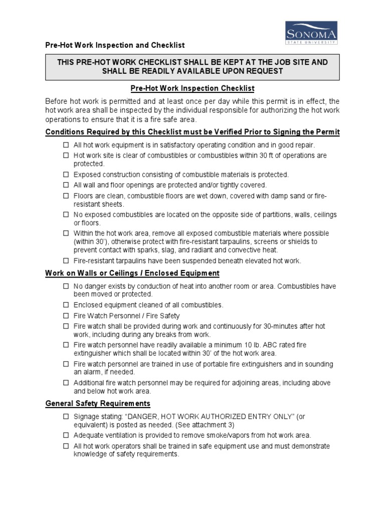 Pre-Hot Work Safety Inspection Checklist | PDF | Fires | Fire Sprinkler ...