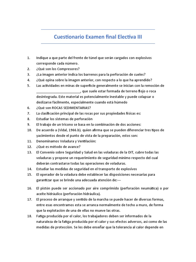Cuestionario Examen Final Electiva III | PDF | Perforación | Minería