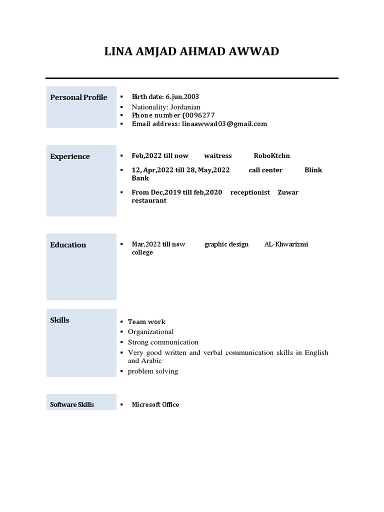 Lina Amjad Ahmad Awwad: Personal Profile | PDF