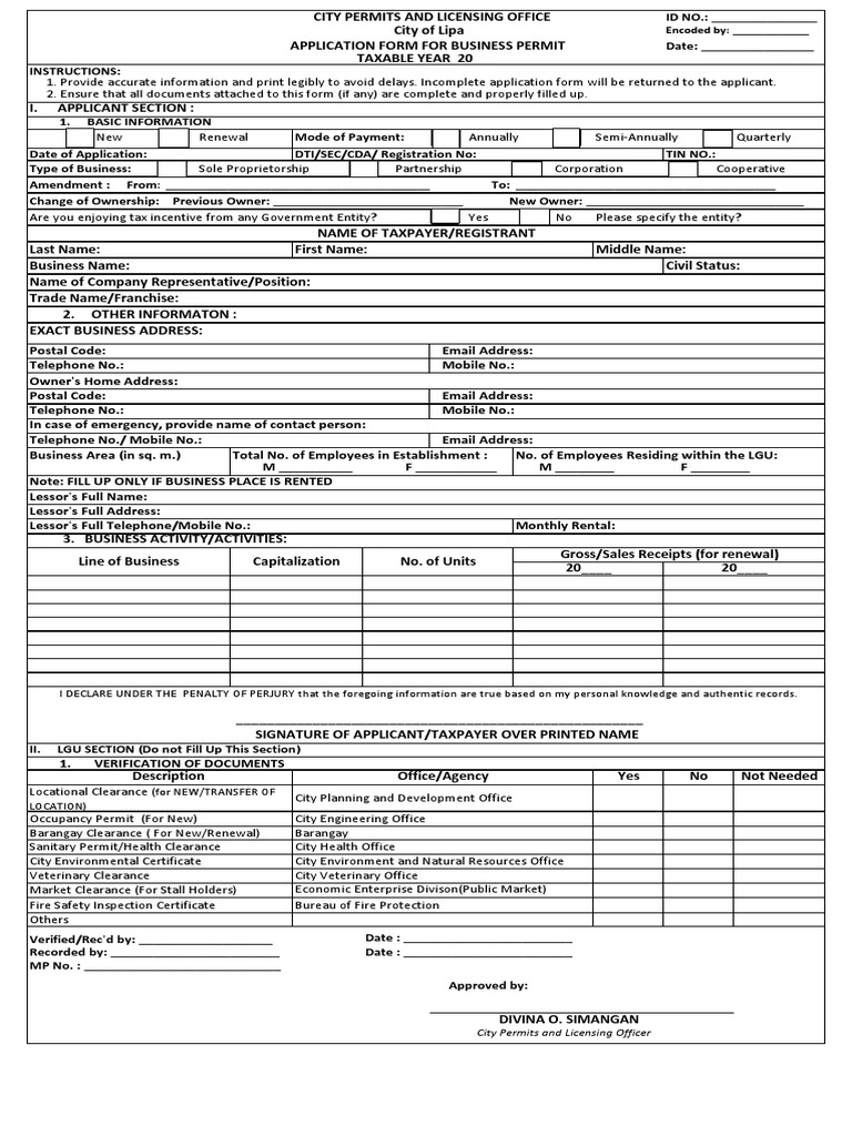 Business Permit Application With Checklist of Requirements Lipa | PDF ...