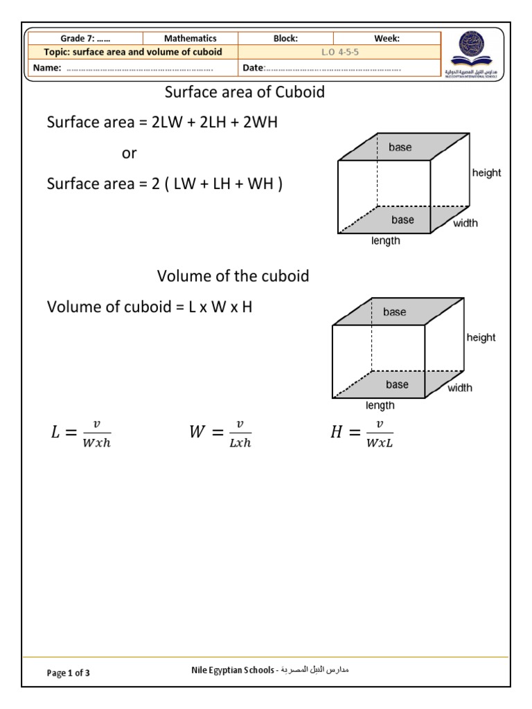Volume and Surface Area of Cuboid | PDF | Teaching Methods & Materials ...