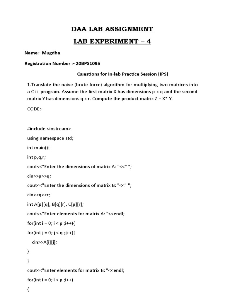 Daa Lab Assignment | PDF | Matrix (Mathematics) | Algorithms And Data ... Daa Lab Assignment | PDF | Matrix (Mathematics) | Algorithms And Data ...