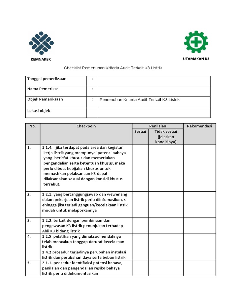 Checklist Audit K3 Listrik Lengkap | PDF | Teknologi & Rekayasa