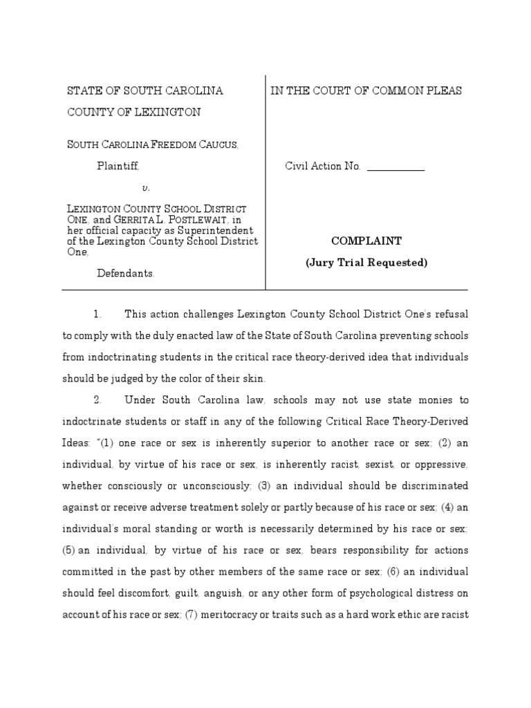 SC Freedom Caucus Files Suit Against Lexington 1 | PDF | Plessy V ...