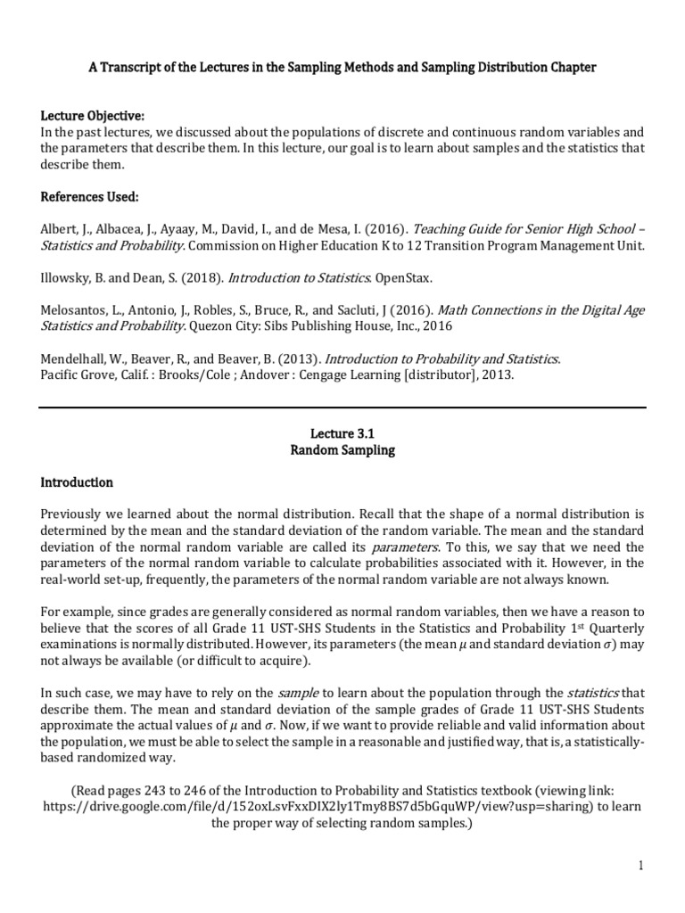 Lecture Transcript 3 (Sampling and Sampling Distribution) | PDF | Probability Distribution ...