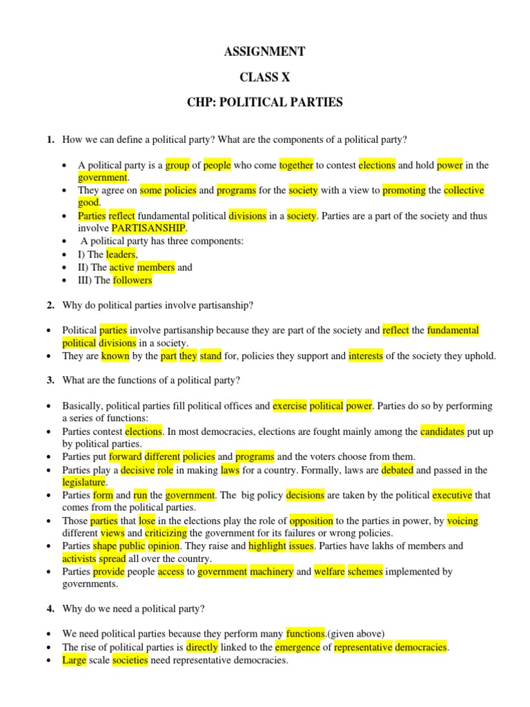 CHP 4 - Assignment - Pol SC - X | PDF | Political Parties | Elections