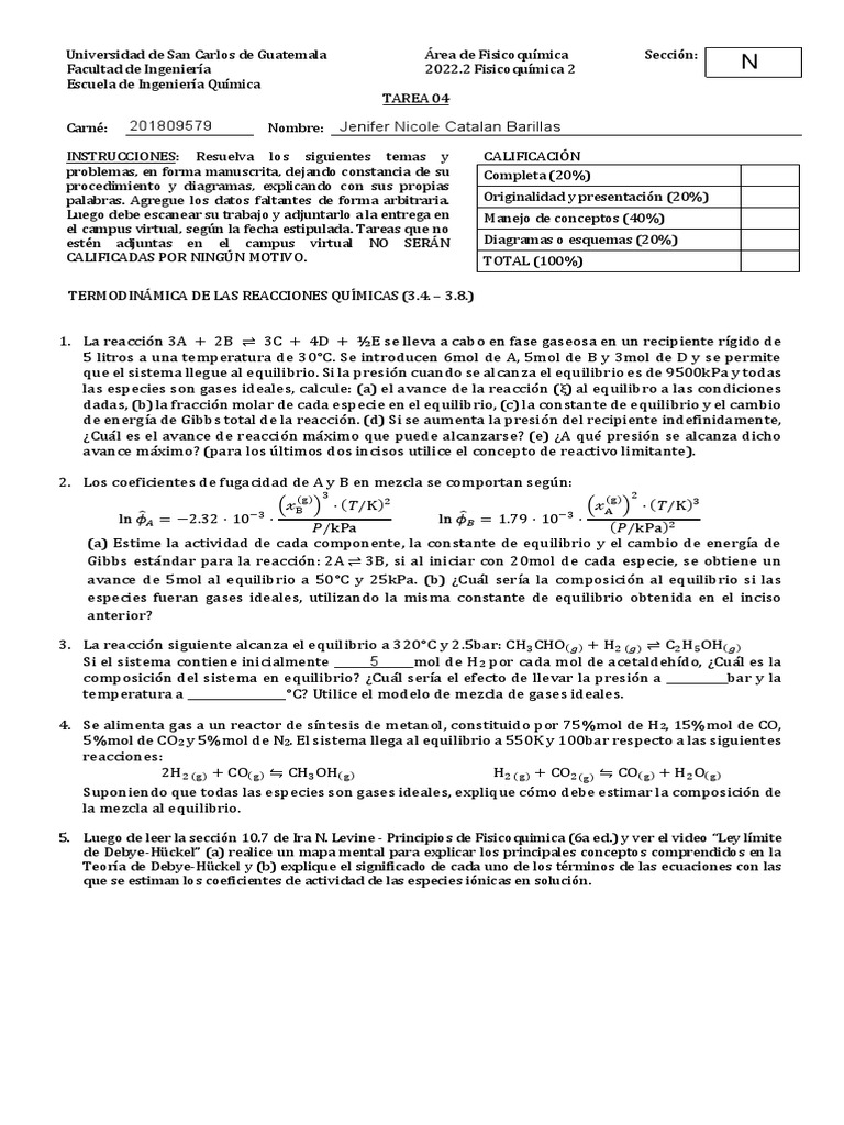 FQ2 - Tarea 4 - Jenifer - Catalan - 201809579 | PDF | Equilibrio químico | Gases