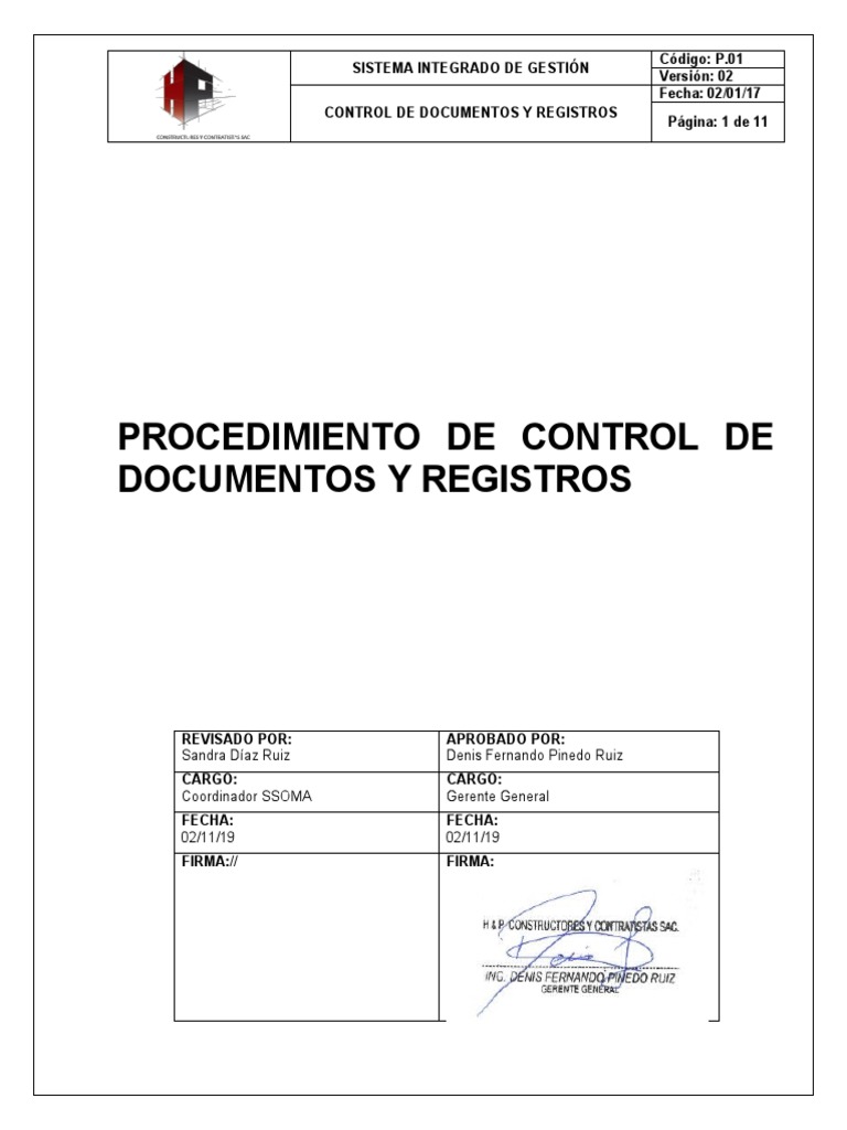 P.01 Control de Documentos y Registros H&P | Descargar gratis PDF | Sistema de información ...