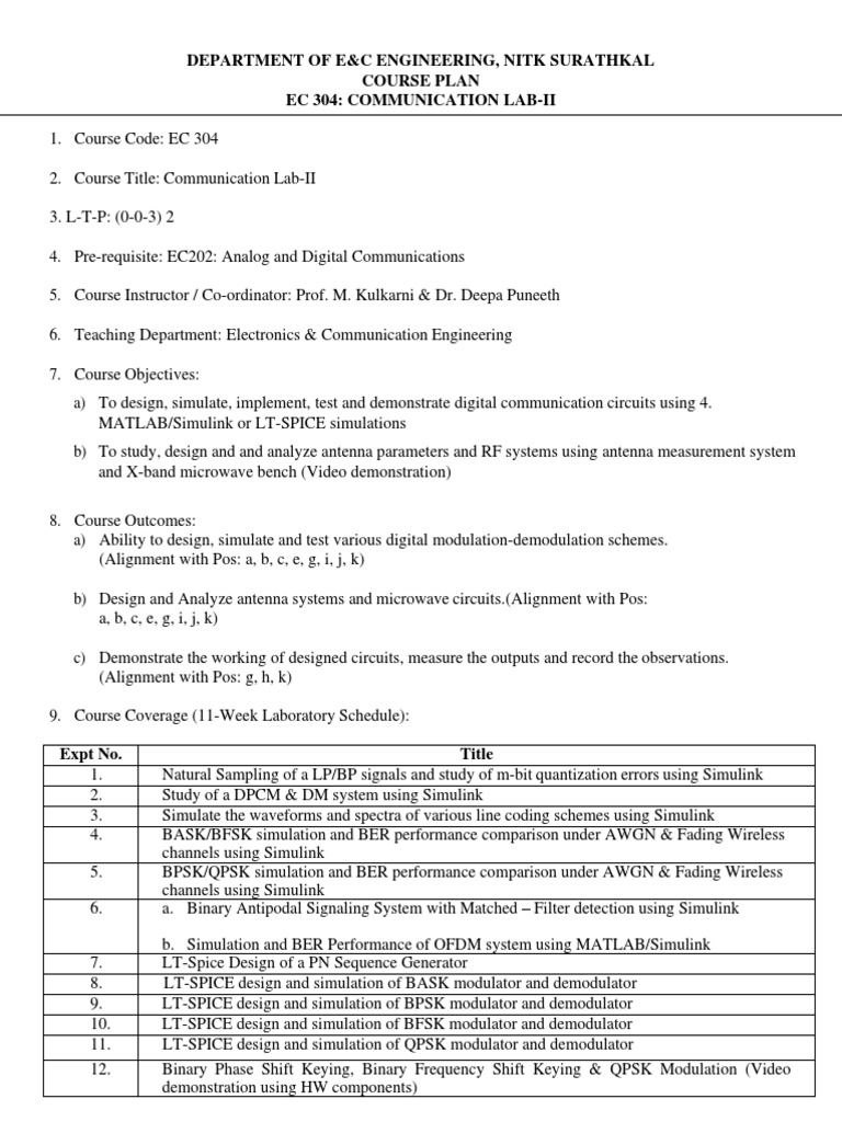 (New) EC304 Comm Lab II Course Eval Plan | PDF | Modulation | Engineering