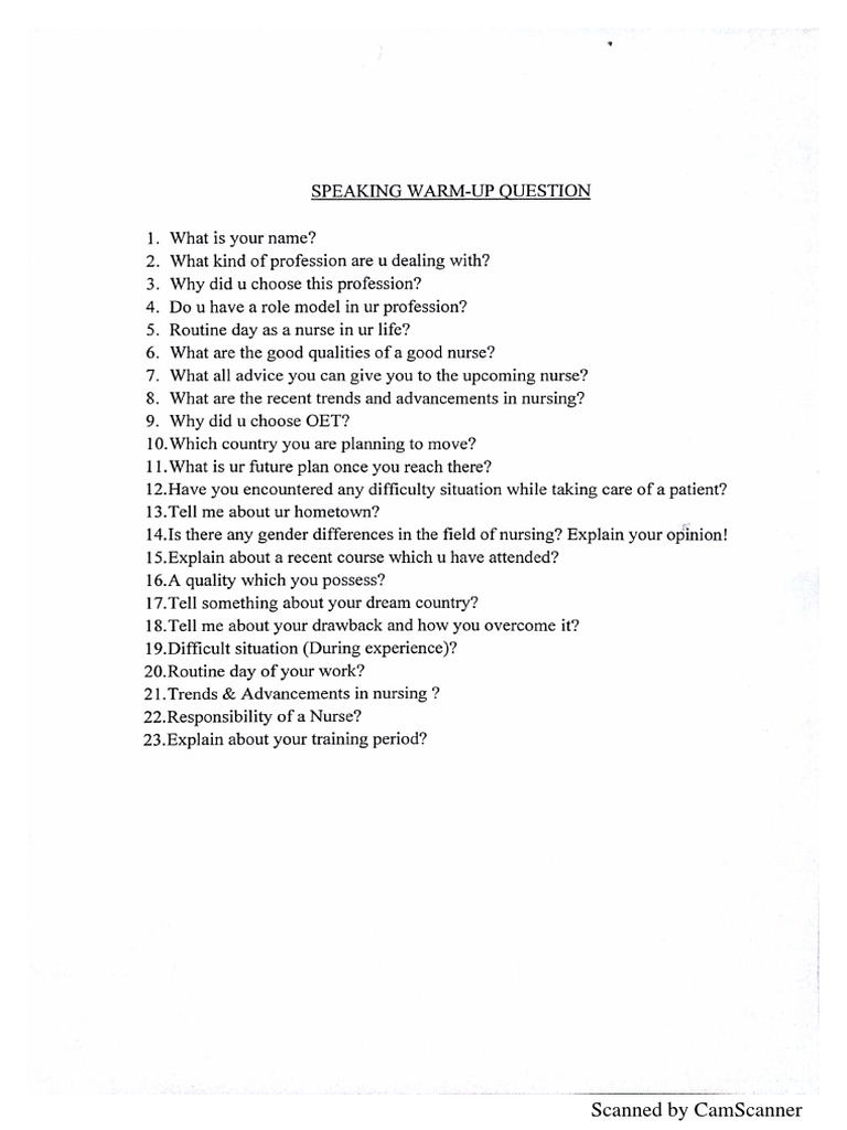 OET Nursing Speaking Tips With Warm-Up Questions | PDF