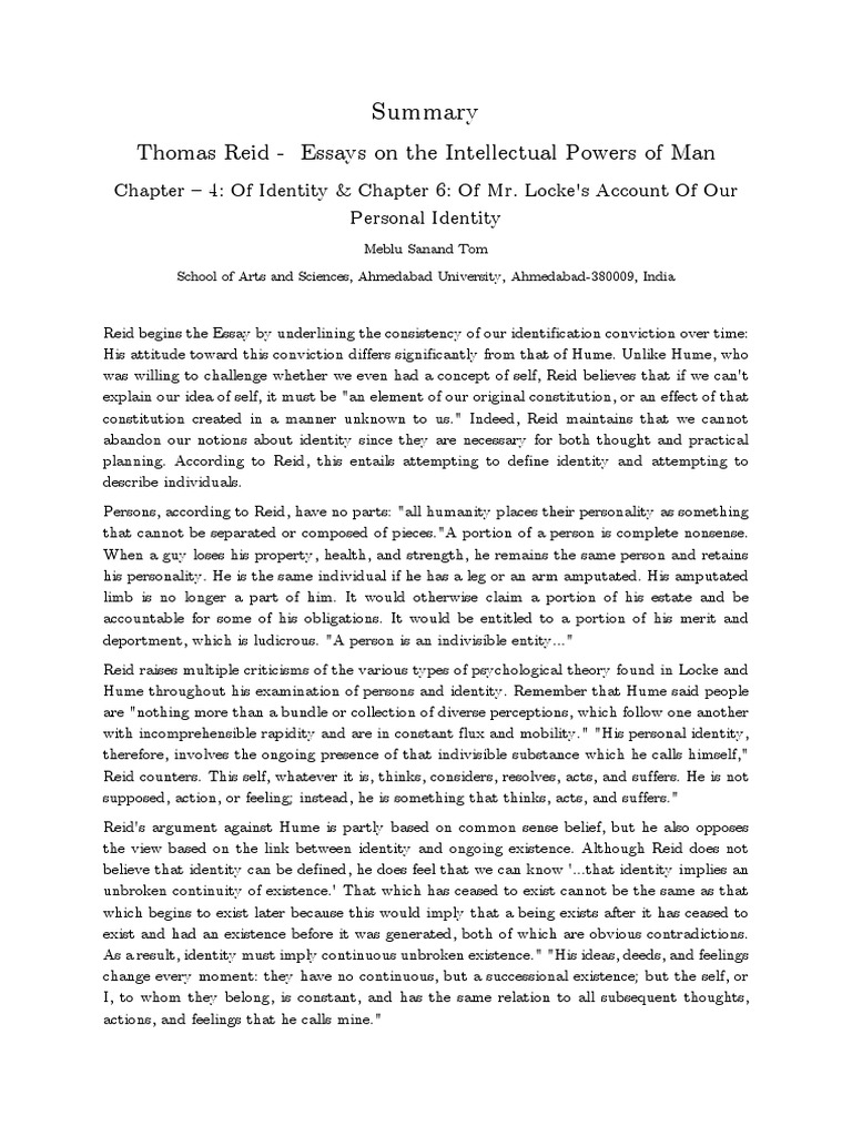 Reid's Critique of Locke and Hume's Theories of Personal Identity ... Reid's Critique of Locke and Hume's Theories of Personal Identity ...