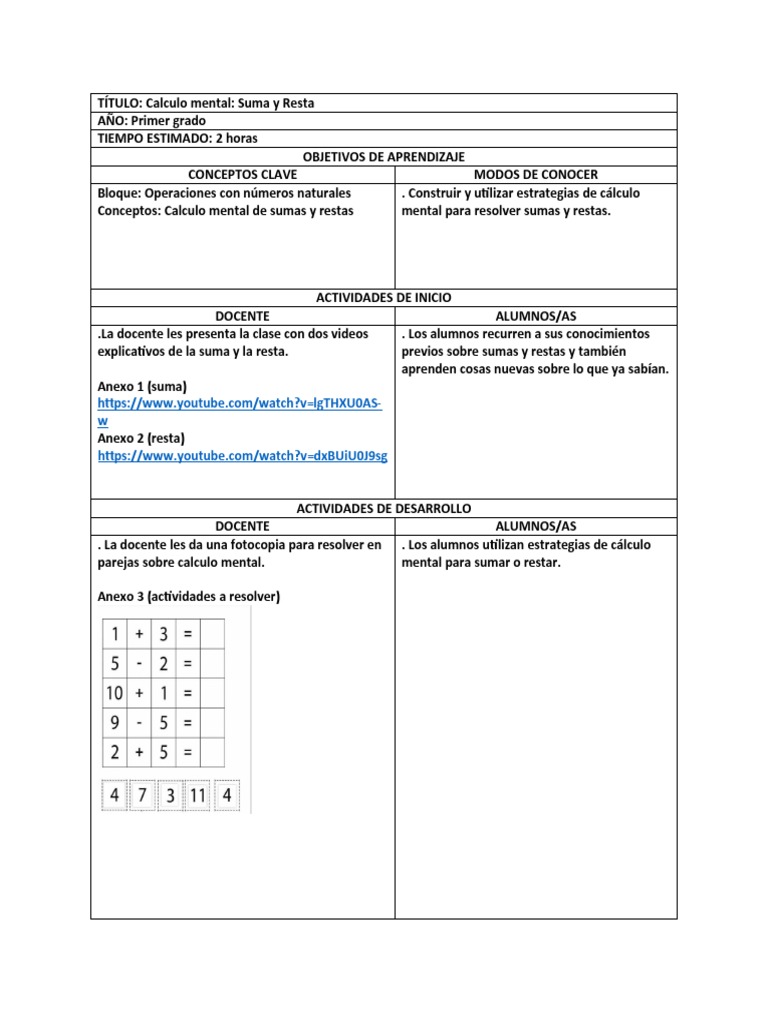 PLAN DE CLASE. Matematica | PDF | Sustracción | Cognición