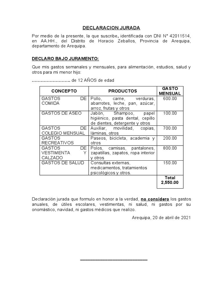 DECLARACION Jurada de Alimentos | PDF