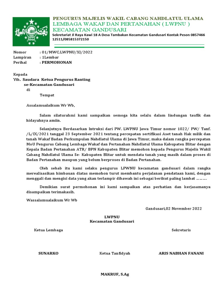 Permohonan Pendataan Surat Ke Ranting | PDF