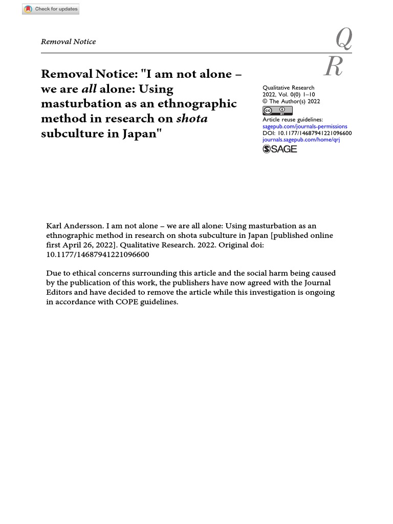 Removal Notice: "I Am Not Alone - We Are All Alone: Using Masturbation As An Ethnographic Method ...