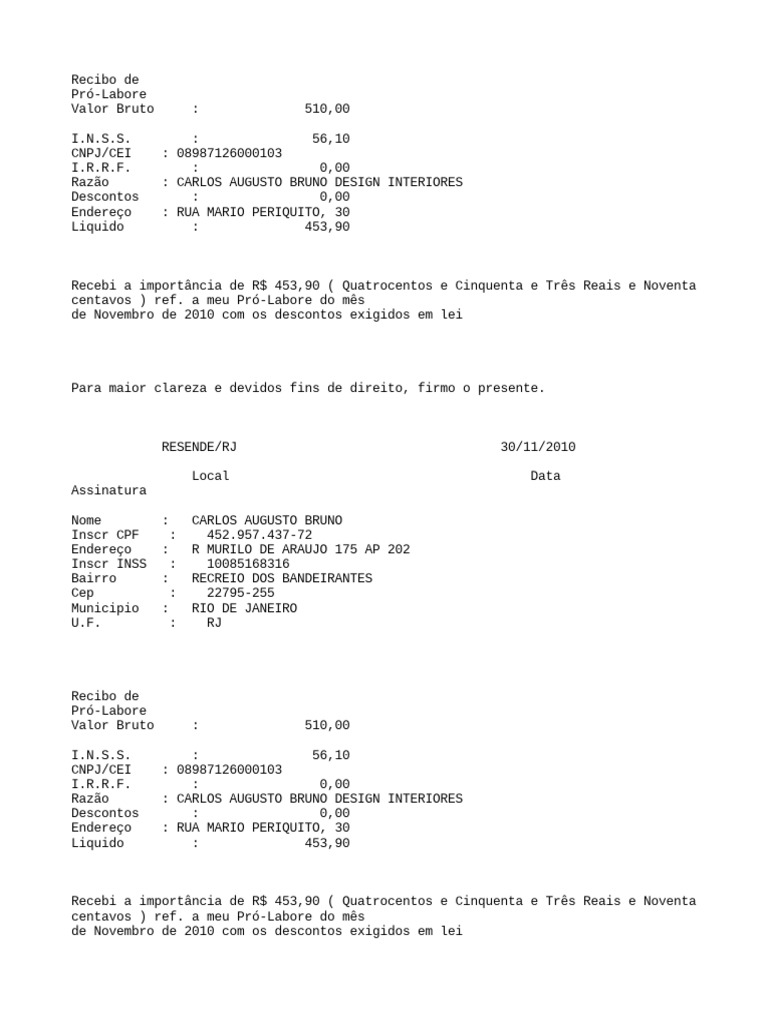 Modelo de Pro Labore PDF | PDF