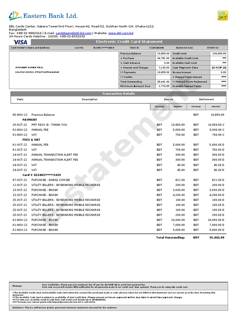 EBL Statement 14 11 2022 | PDF | Credit Card | Payments