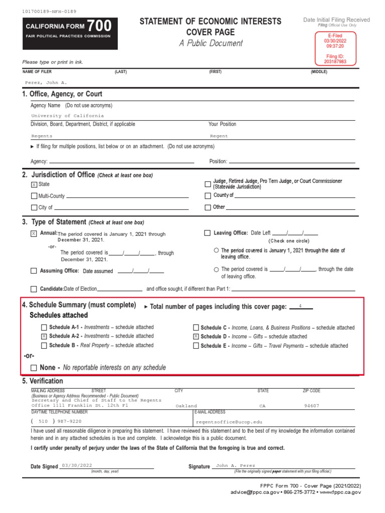 2021 Perez Form 700 | PDF | Business | Economies