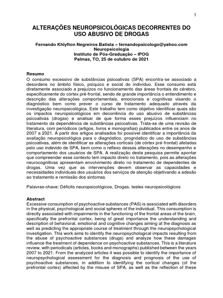 Alterações Neuropsicológicas Decorrentes Do Uso Abusivo de Drogas | PDF ...
