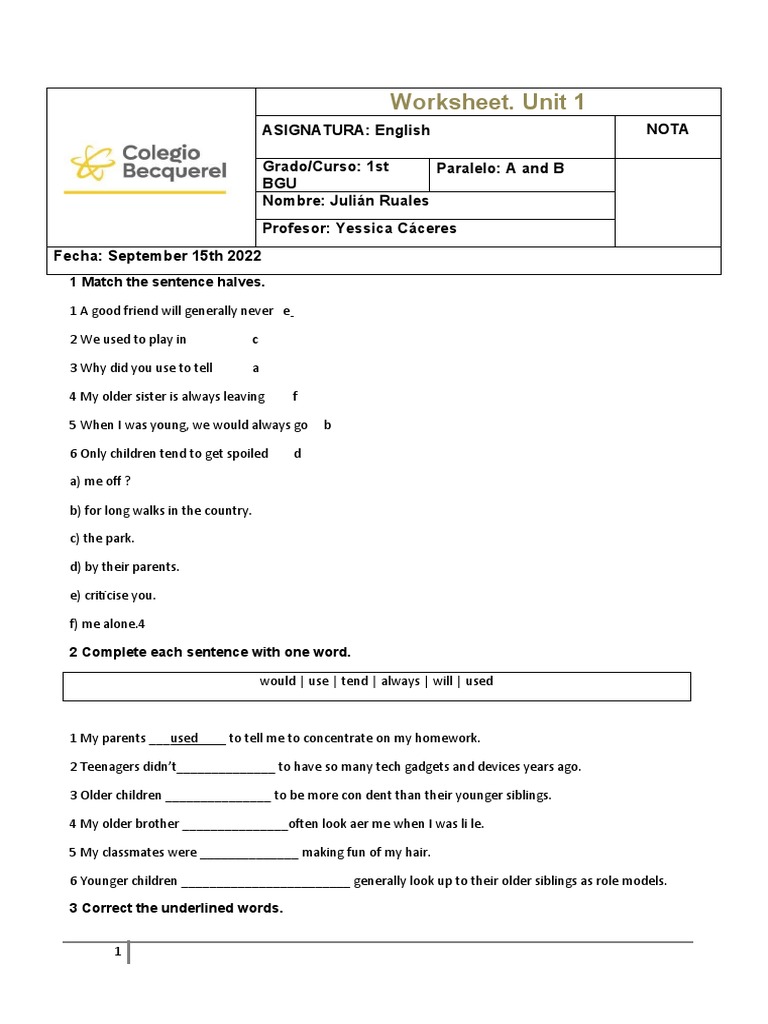 English Worksheet Unit 1 Review | PDF