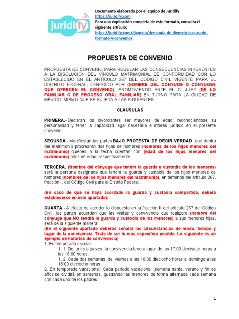 Formato de Convenio de Divorcio Incausado | PDF | Divorcio | Esposa